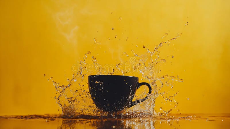 Water Splashes from a Black Cup Against a Vibrant Yellow Background ...
