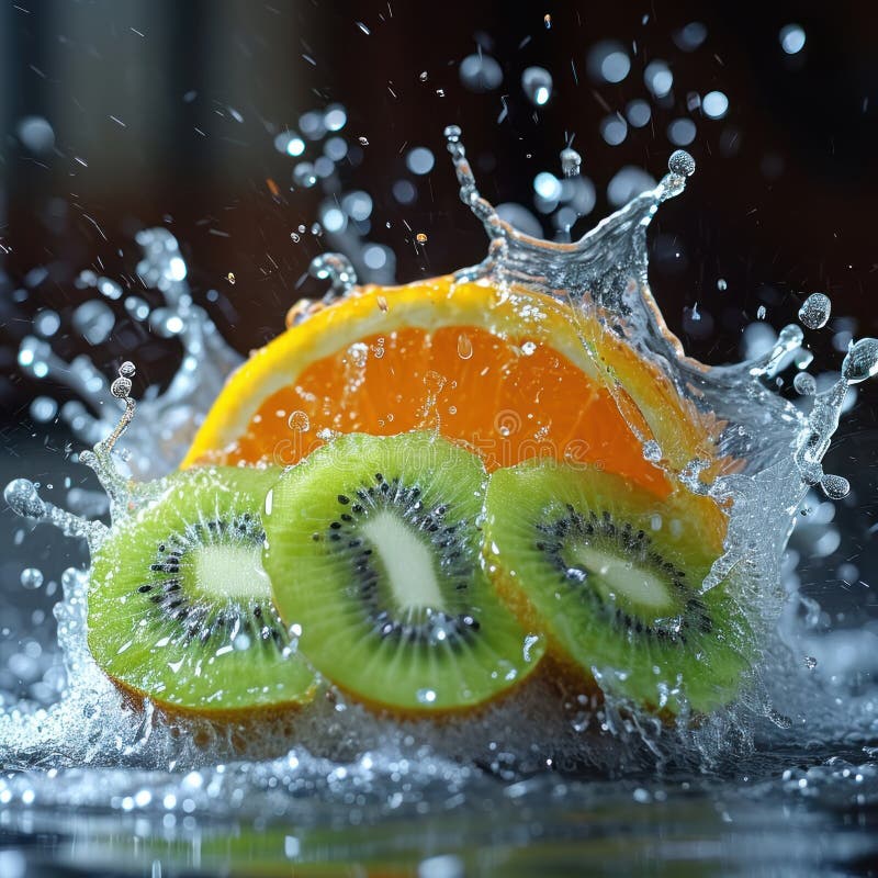 Water Splashes and Fresh Fruit Float Aesthetically Against an Elegant ...