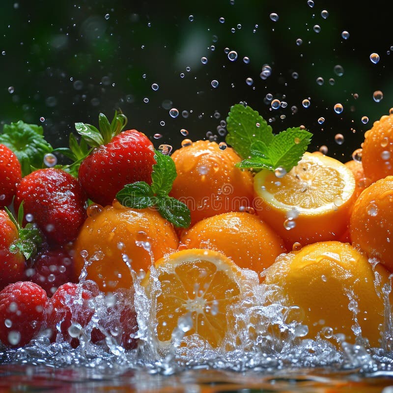 Water Splashes and Fresh Fruit Float Aesthetically Against an Elegant ...