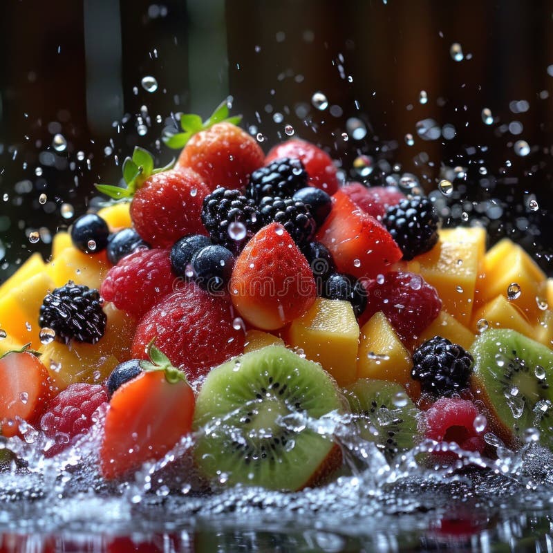 Water Splashes and Fresh Fruit Float Aesthetically Against an Elegant ...