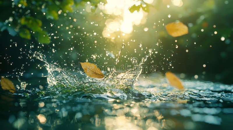 Water Splashes with Leaf Elements, Nature-inspired Clean Background ...