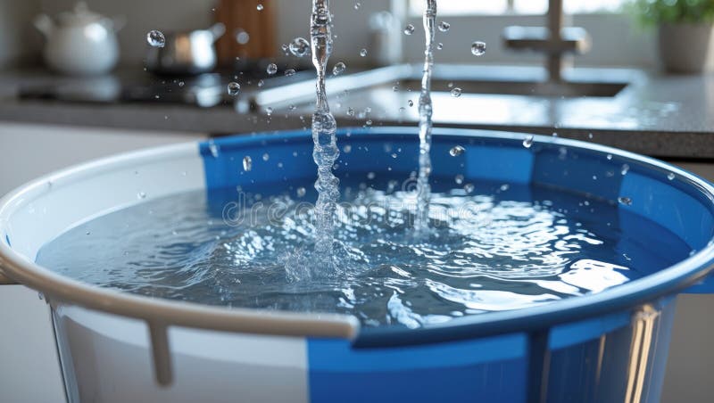 Water Splashing into a Blue Bucket in a Modern Kitchen Setting Stock ...