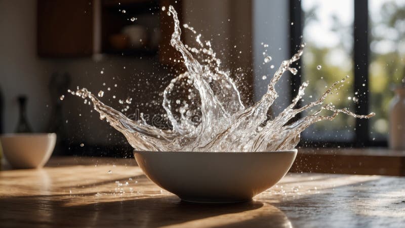 Water Splashing from Bowl on Sunny Kitchen Floor. Stock Illustration ...