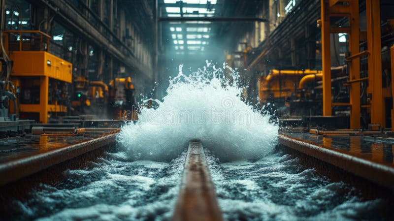 Water Splashing Inside a Large Industrial Factory. Stock Image - Image ...