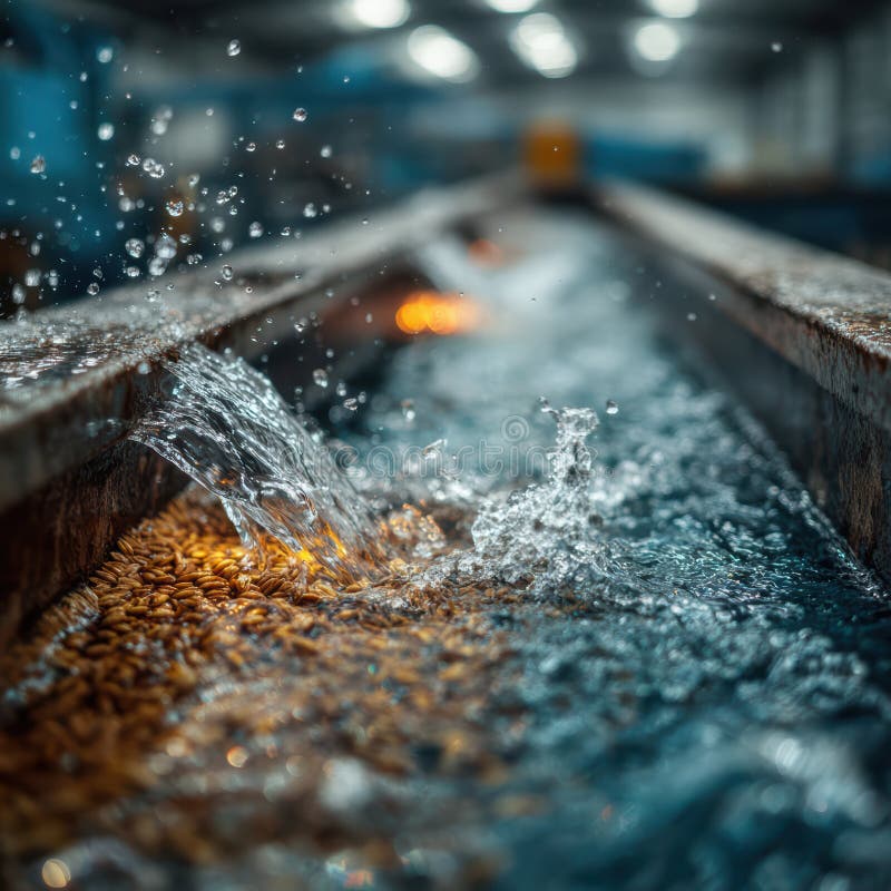 Water Splashing Over Wooden Surface in Industrial Grain Processing Area Stock Illustration ...