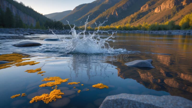 Stunning Mountain River Splash at Sunset Stock Illustration ...