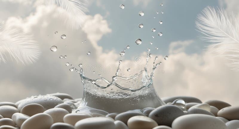 Water Splashing on Smooth Pebbles with a Cloudy Sky Background. Stock ...
