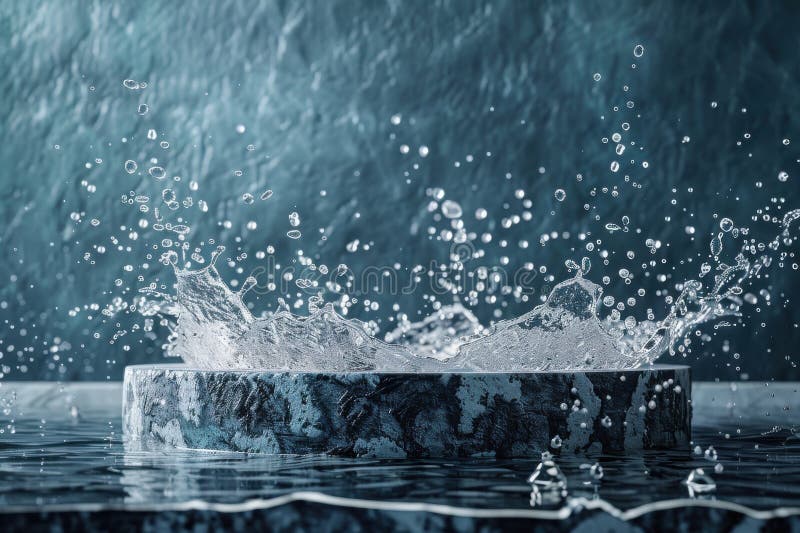 Blue Water Splash on Stone Podium with Dark Blue Background Stock ...