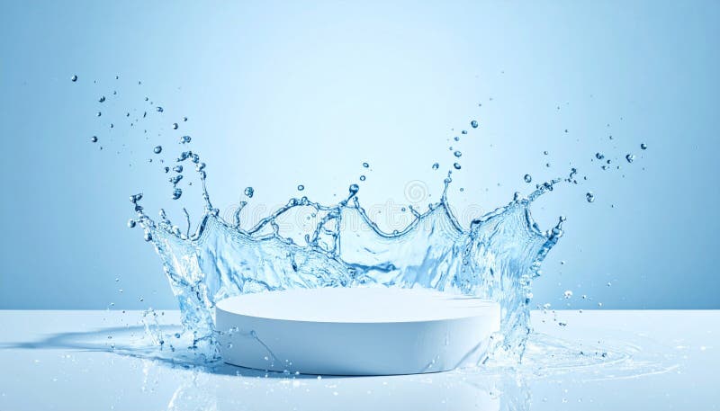 Water Splashing on White Round Platform on Blue Background Stock ...
