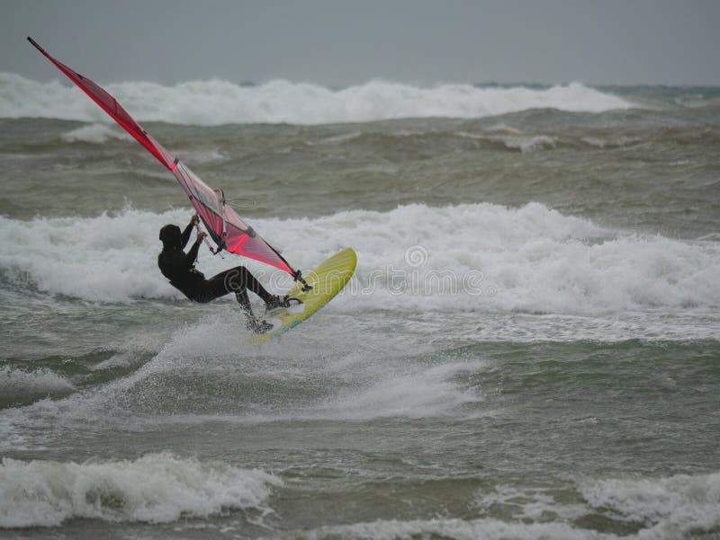 Water Sport Activity Windsurfer Riding Wave Rough Sea Windy Day Stock ...