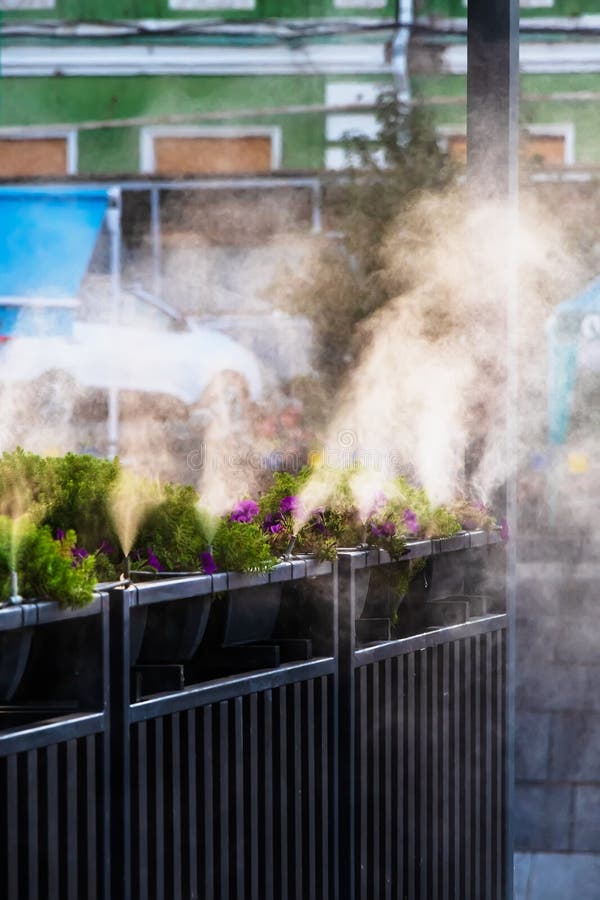 Water Spray System for Cooling in a Public Cafe or Restaurant Stock ...