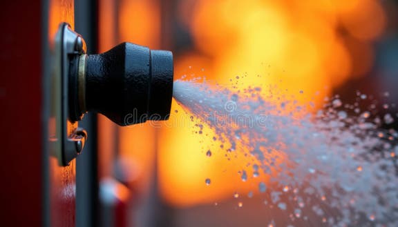 Water Spraying from a Fire Hose with an Orange Backdrop during a ...