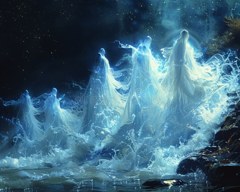 Water Sprites Dancing in a Moonlit Pool Stock Image - Image of ...