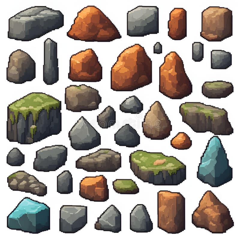 Pixel art set of stone stock illustration. Illustration of brand ...