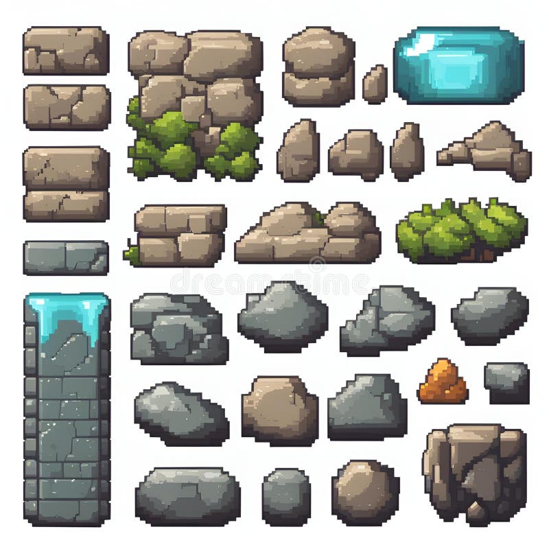 Pixel art set of stone stock illustration. Illustration of label ...