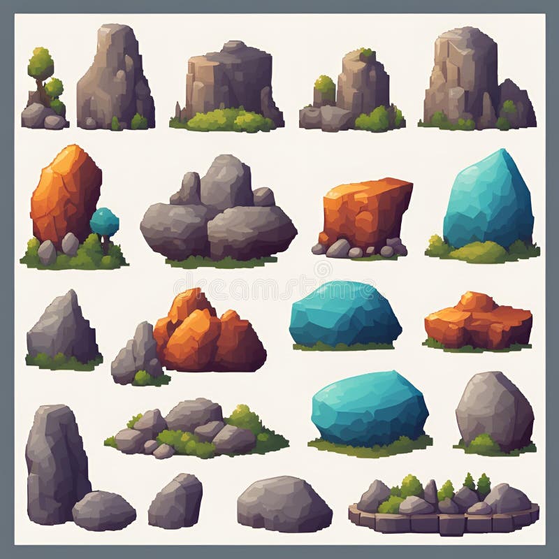 Pixel art set of stone stock illustration. Illustration of brown ...