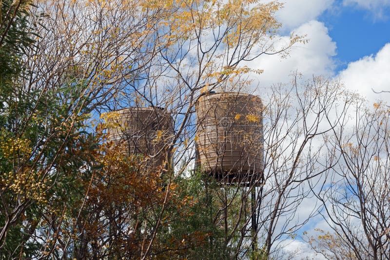 WATER STORAGE TANKS BEHIND the BRANCHES of almost BARE SYRINGA TREES ...