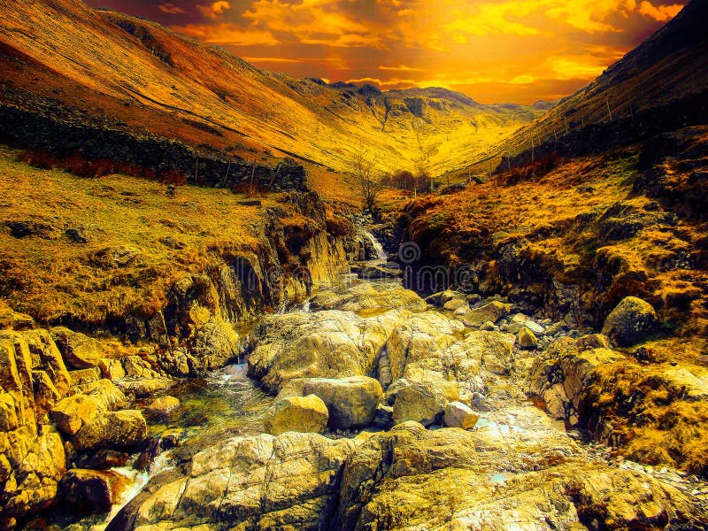 Water Stream With Brown Rocks Painting Picture. Image: 109912404