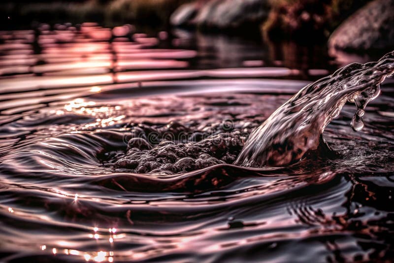 Water Stream Flowing into a Dark Pool at Sunset, Creating Ripples and ...