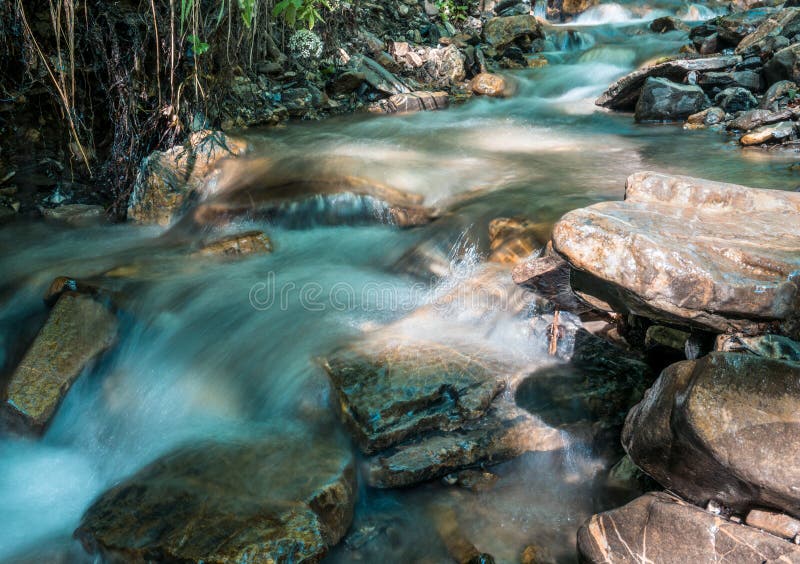Water Stream Flowing between Rocks into the Forest. Water Spring in ...