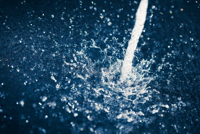 Water Stream with Splash Drops Blue Background Stock Image - Image of ...