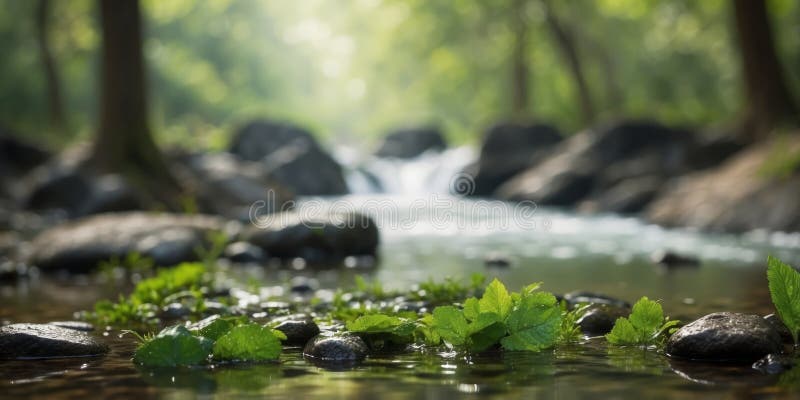 Water Streaming through a Verdant Forest, Adorned with Abundant Rocks ...