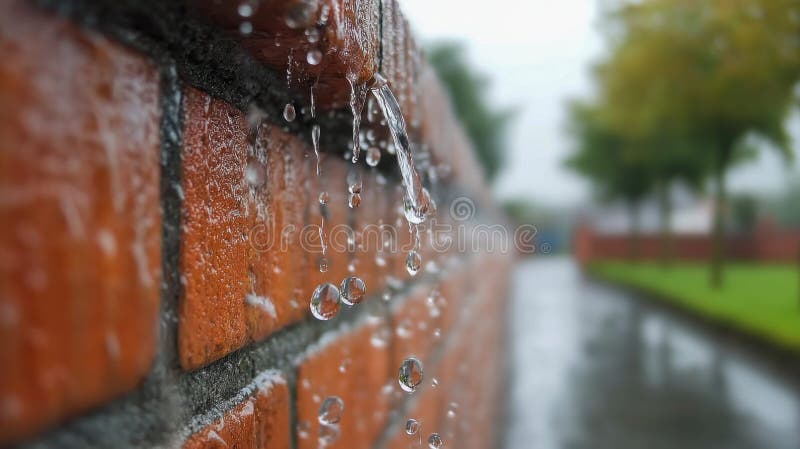 Water Streams from a Brick Wall during a Heavy Rain, Creating a ...