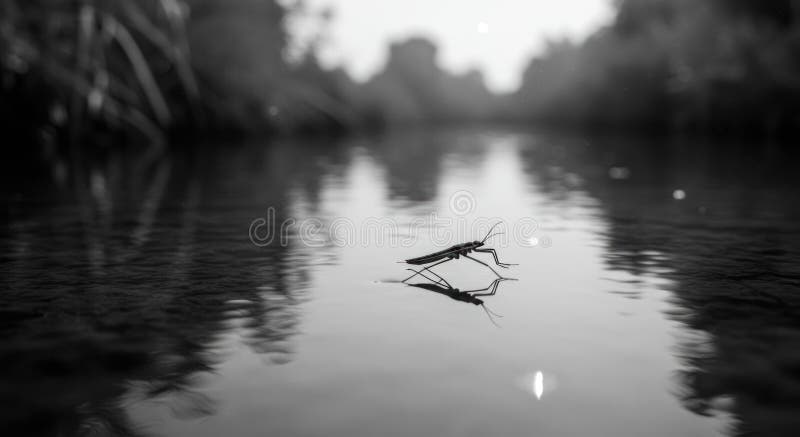 Water Strider on Calm Water Surface Reflecting Trees Stock Photo ...
