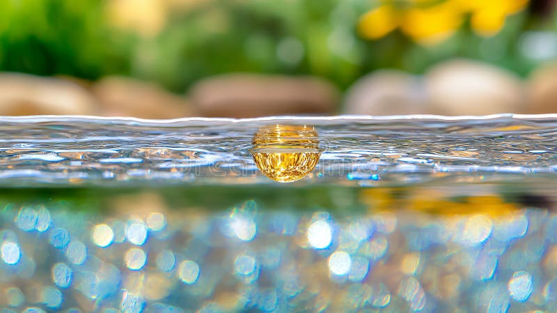 Water Surface with Golden Drop Creating Ripples and Refraction Effect ...