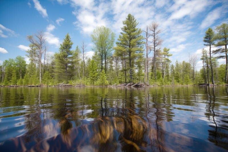 Water Surface Reflecting Towering Pine Trees and Blue Skies Stock Image ...