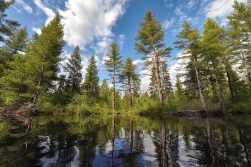 Water Surface Reflecting Towering Pine Trees and Blue Skies Stock ...
