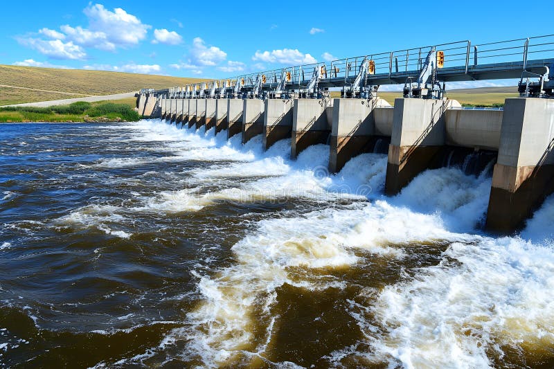 Water Surges through the Spillway Gates of a Concrete Dam, Creating ...