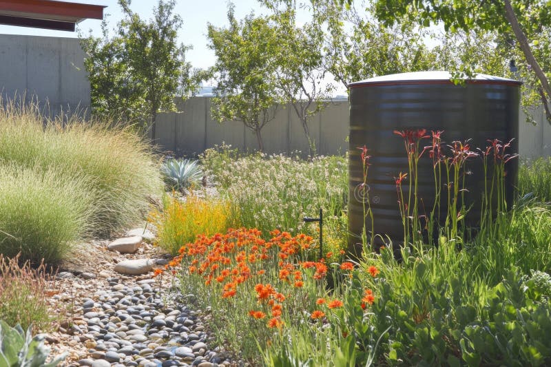 Water Tank and Gravel Path in a Lush Garden Stock Illustration ...