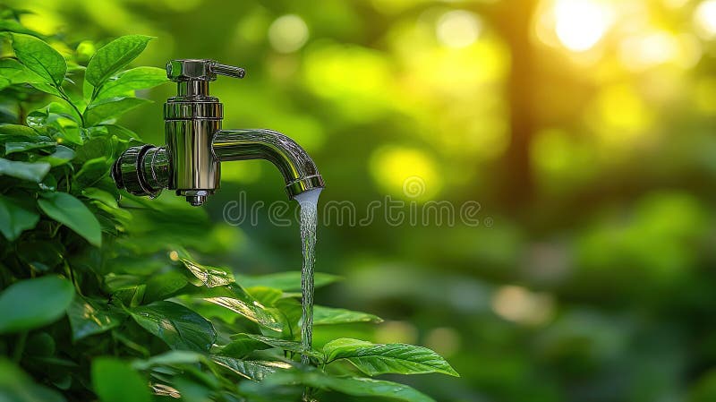 Water Tap Flowing in Lush Greenery, Promoting Conservation Stock Illustration - Illustration of ...