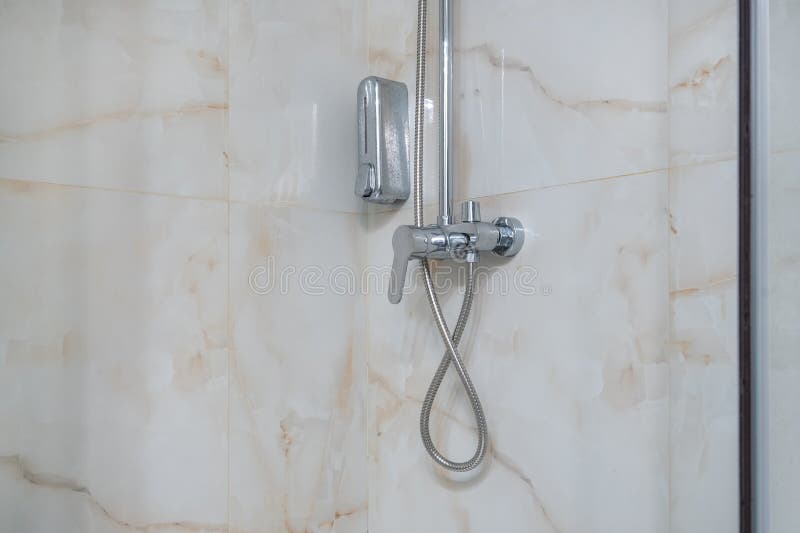 Water Tap and Shower in Bathroom on Wall with Tiles Stock Image - Image of crane, sink: 269778965