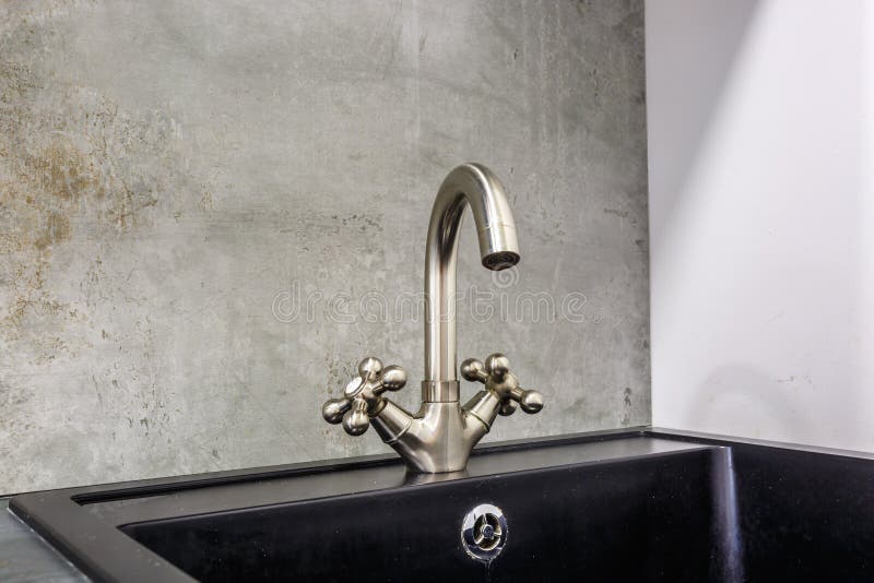 Water Tap Sink with Faucet in Expensive Loft Kitchen Stock Photo ...