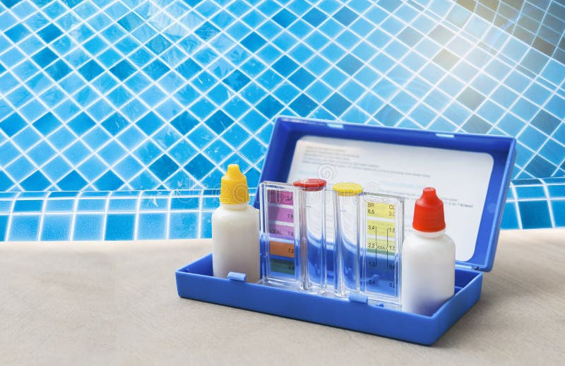 Water Testing Test Kit for Swimming Pool Water Over Blue Tile ...