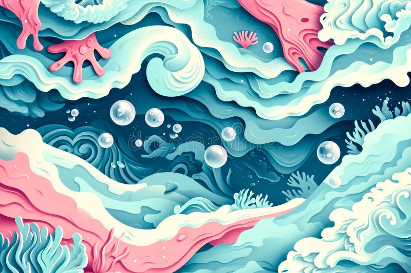 Water-themed Design with Ocean Waves and Underwater Creatures Stock ...