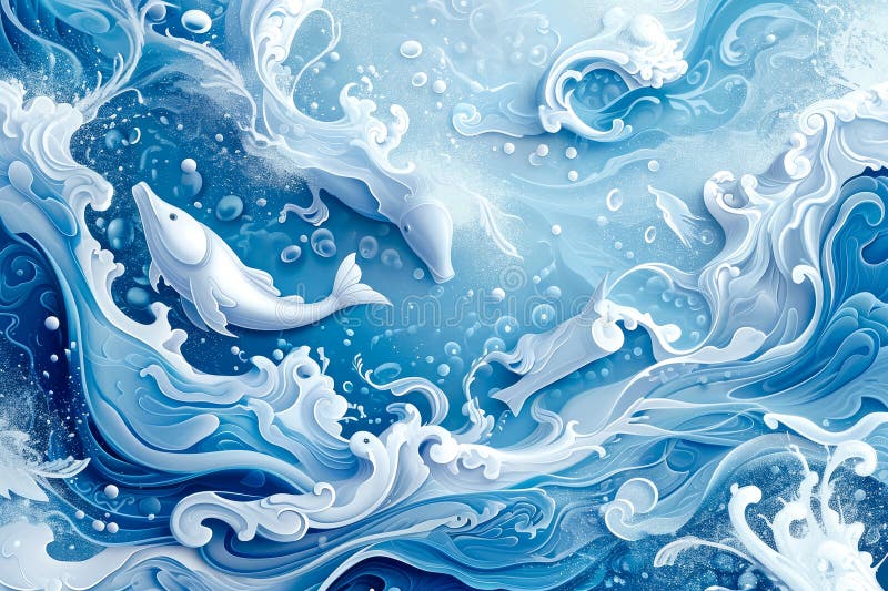 Water-themed Design with Ocean Waves and Underwater Creatures Stock ...