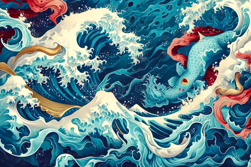 Water-themed Design with Ocean Waves and Underwater Creatures Stock ...