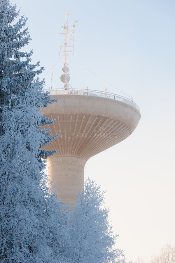 Water Tower in Cold Winter Weather Stock Image - Image of antenna ...