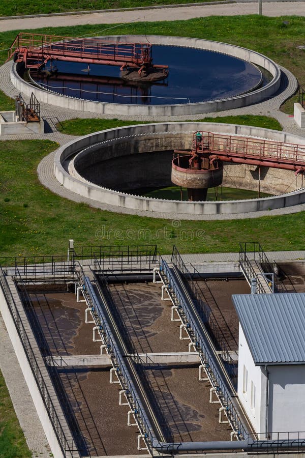 Wastewater Treatment Facility Circular Tanks Processing Equipment Green ...