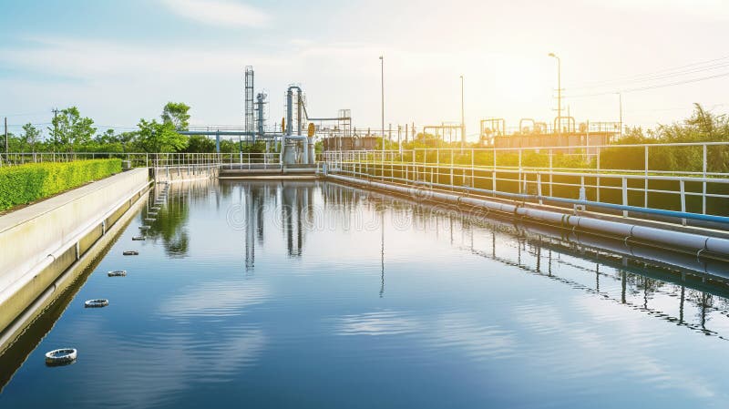 Water Treatment Plant with Clear Water Reflecting Industrial Structures ...