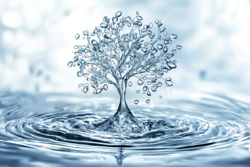 Water Tree Sculpture with Branches Extending into Blue Liquid Surface ...