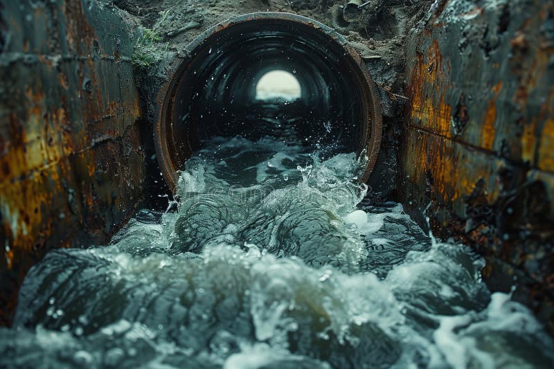Water Flows from Rusty Pipe into River, Merging with Natural Landscape ...