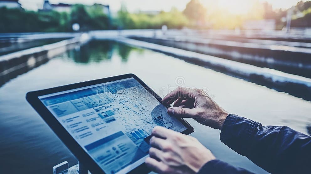 A Water Utility Engineer Analyzing Usage Data on a Digital Tablet ...