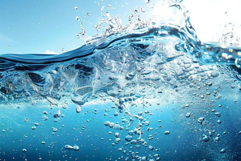 Water Wave, Blue Water Background with Bubbles and Splash, White Space ...