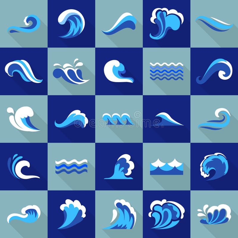 Water Wave Blue Icons Set, Flat Style Stock Vector - Illustration of ...