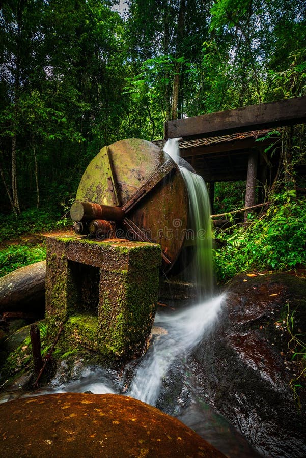 Water Wheel and Cold Water in Stream in the Forest Stock Photo - Image ...