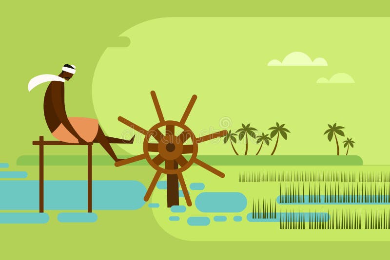 Farmer Pumping Water To Paddy Field Using Traditional Water Wheel Stock ...
